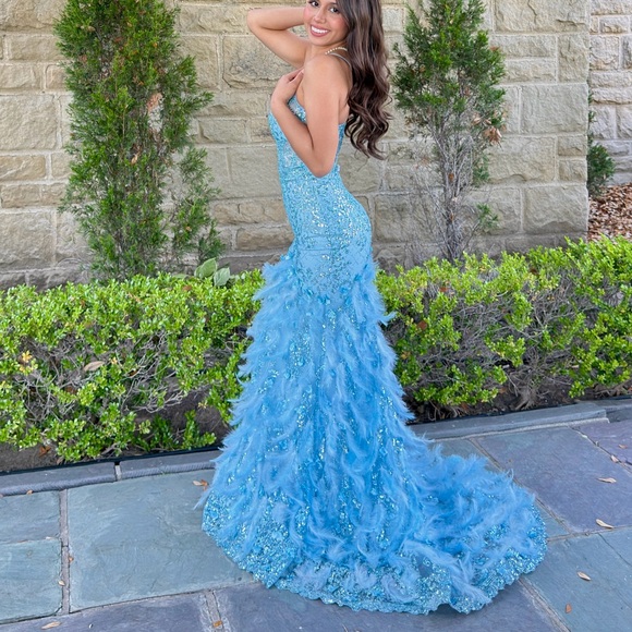 Dresses | Baby Blue Mermaid Prom Dress With Feathers And Tie Corset ...